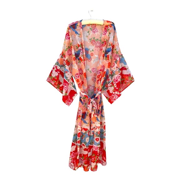 Kimonos And Yukatas Peach Crane Floral Print Kimono Robe Size Xl Nwot Poshmark